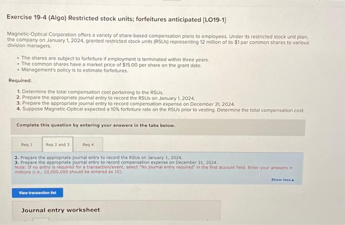Solved Exercise 19-4 (Algo) Restricted stock units; | Chegg.com