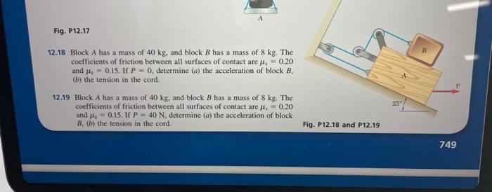 Solved 12.18 Block A has a mass of 40 kg, and block B has a | Chegg.com