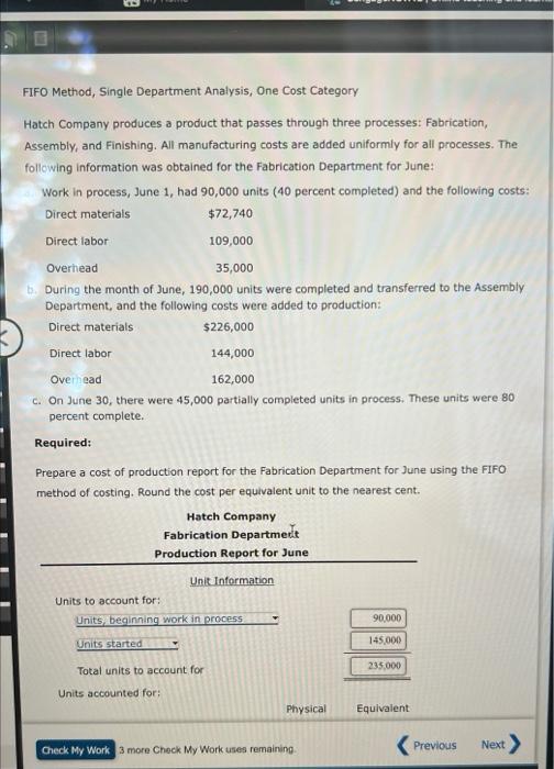 Solved FIFO Method, Single Department Analysis, One Cost | Chegg.com