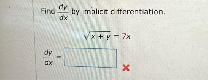 Solved dy Find by implicit differentiation. dx dy dx || vx + | Chegg.com