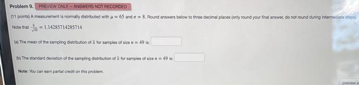 Solved Problem 9. PREVIEW ONLY - ANSWERS NOT RECORDED (11 | Chegg.com