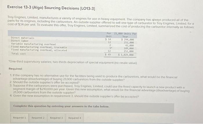 Solved Exercise 13-3 (Algo) Sourcing Decisions [LO13-3] Troy | Chegg.com