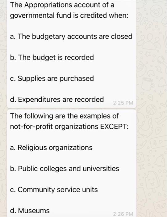 Solved The Appropriations account of a governmental fund is | Chegg.com
