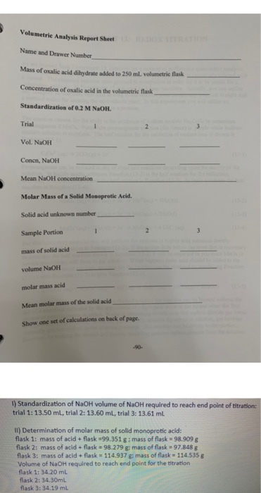 Solved Volumetric Analysis Report Sheet Name and Drawer | Chegg.com