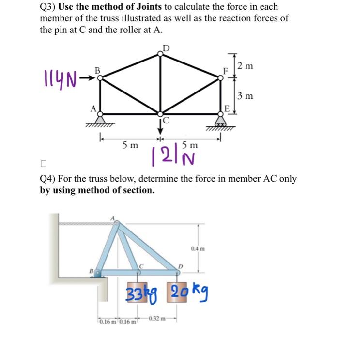 Solved Q3) Use the method of Joints to calculate the force | Chegg.com