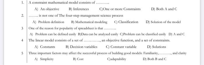 Solved 1. 2. 2. A constraint mathematical model consists of | Chegg.com