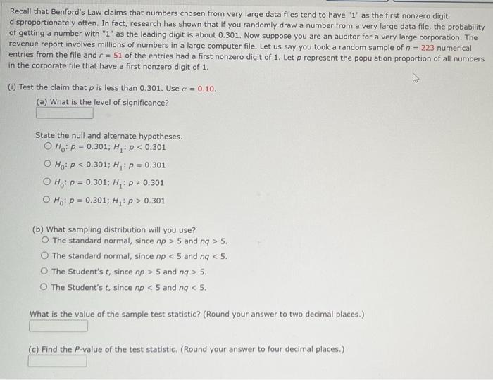 Solved Recall that Benford's Law claims that numbers chosen | Chegg.com