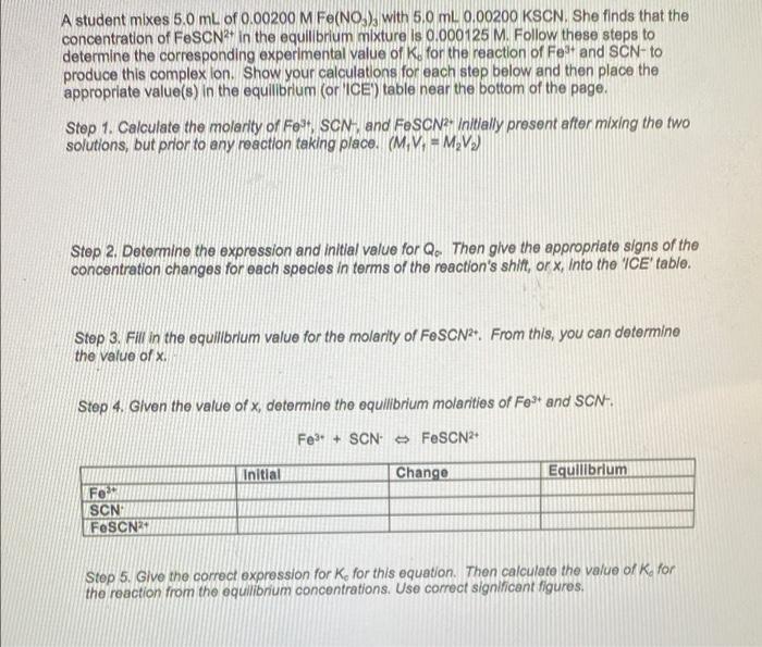 Solved A student mixes 5.0 ml of 0.00200 M Fe(NO )with 5.0 | Chegg.com