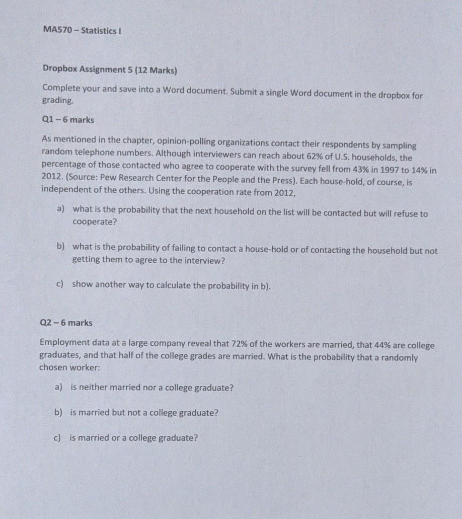 Solved MA570 - Statistics Dropbox Assignment 5 (12 Marks) | Chegg.com