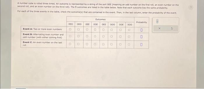 Solved A number cube is rolled three times. An outcome is | Chegg.com