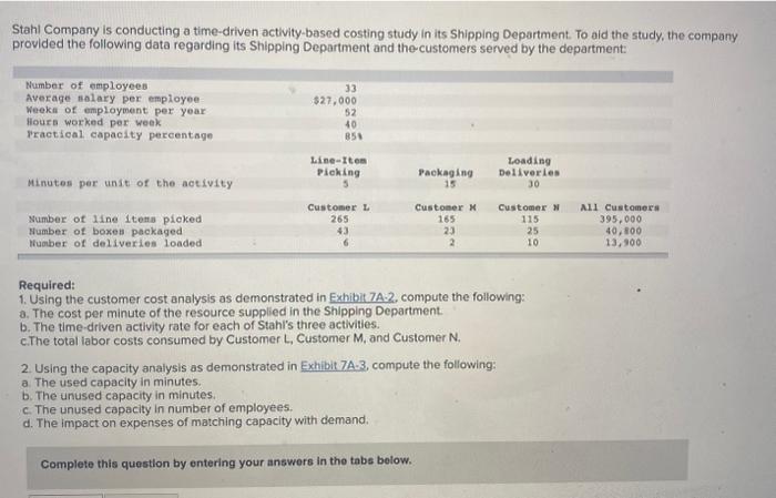 Solved Stahl Company is conducting a time-driven | Chegg.com