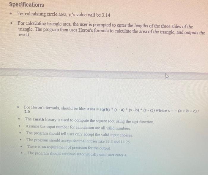 Solved Week8 Lab : Area Calculator3.0 Create a program that | Chegg.com