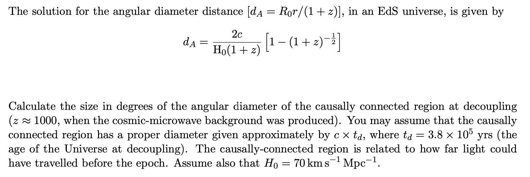 The solution for the angular diameter distance | Chegg.com