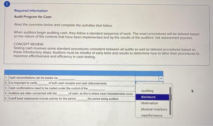 Required information Audit Program for Cash Read the | Chegg.com