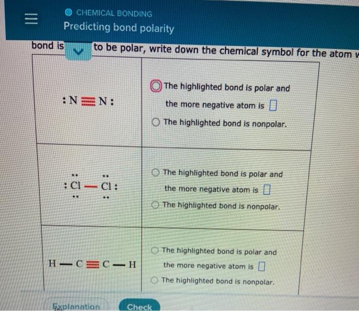 Solved CHEMICAL BONDING Predicting bond polarity bond is to | Chegg.com