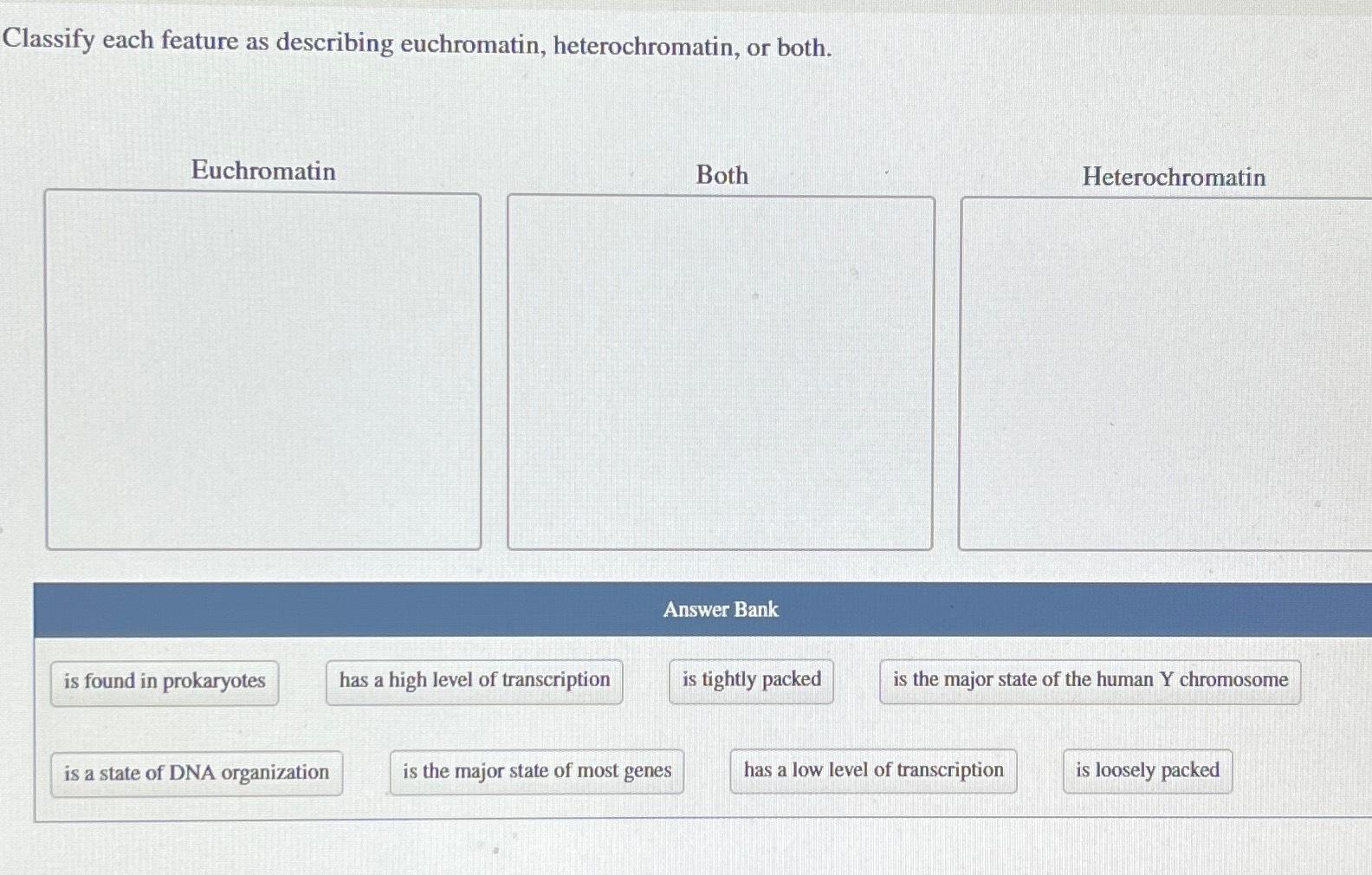 Solved Classify each feature as describing euchromatin, | Chegg.com