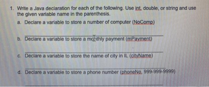 Solved 1. Write a Java declaration for each of the | Chegg.com