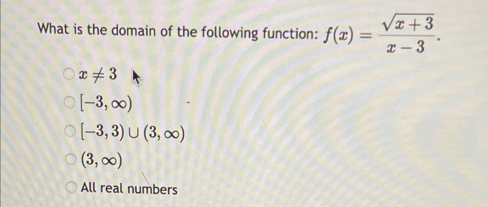 Solved What is the domain of the following function: | Chegg.com