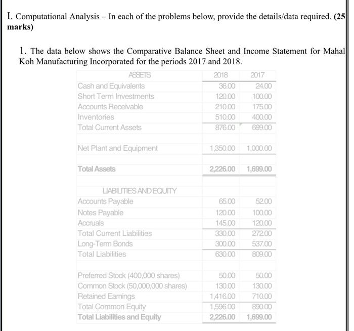 Solved I. Computational Analysis - In each of the problems | Chegg.com