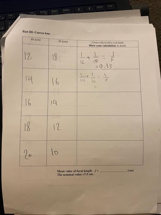 Solved Part III: Convex lens The nominal value =7.5 cm. | Chegg.com