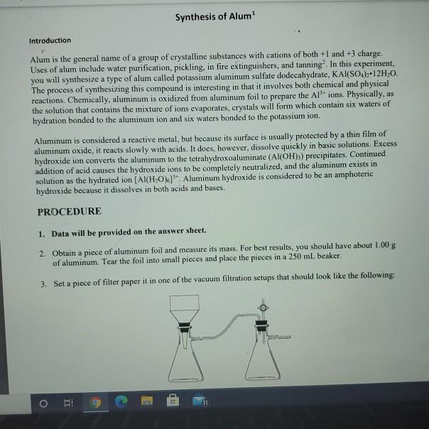 Solved Synthesis of Alum Introduction Alum is the general | Chegg.com