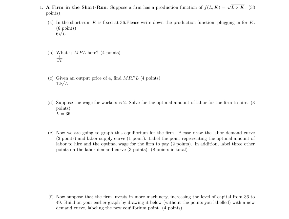 Solved A Firm in the Short-Run: Suppose a firm has a | Chegg.com