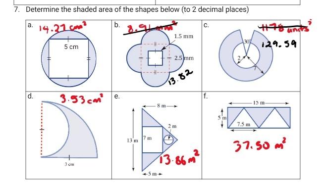 Solved 7. Determine the shaded area of the shapes below (to | Chegg.com