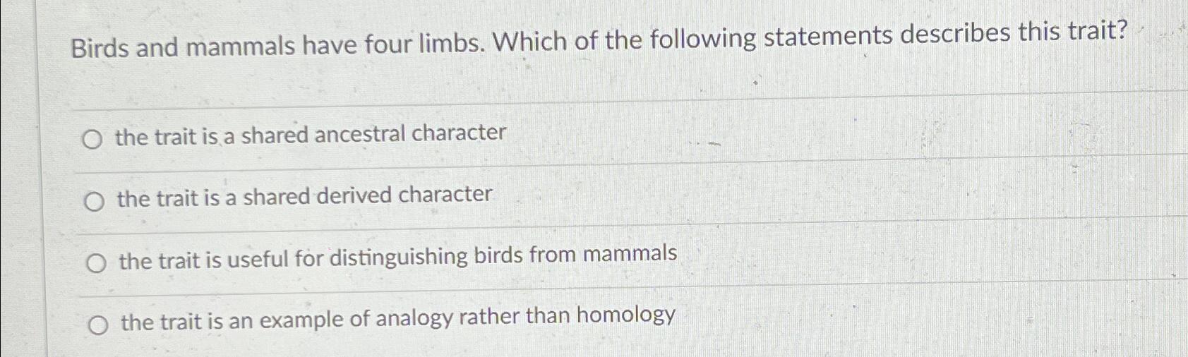 Solved Birds and mammals have four limbs. ﻿Which of the | Chegg.com