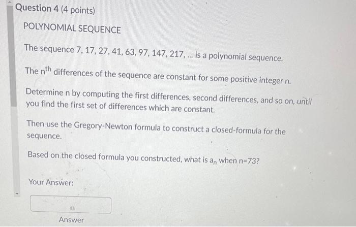 Solved POLYNOMIAL SEQUENCE The sequence | Chegg.com