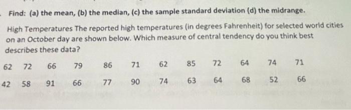 Solved Find: (a) the mean, (b) the median, (c) the sample | Chegg.com
