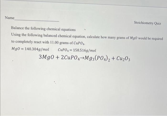 Solved Name Stoichiometry Quiz Balance the following | Chegg.com