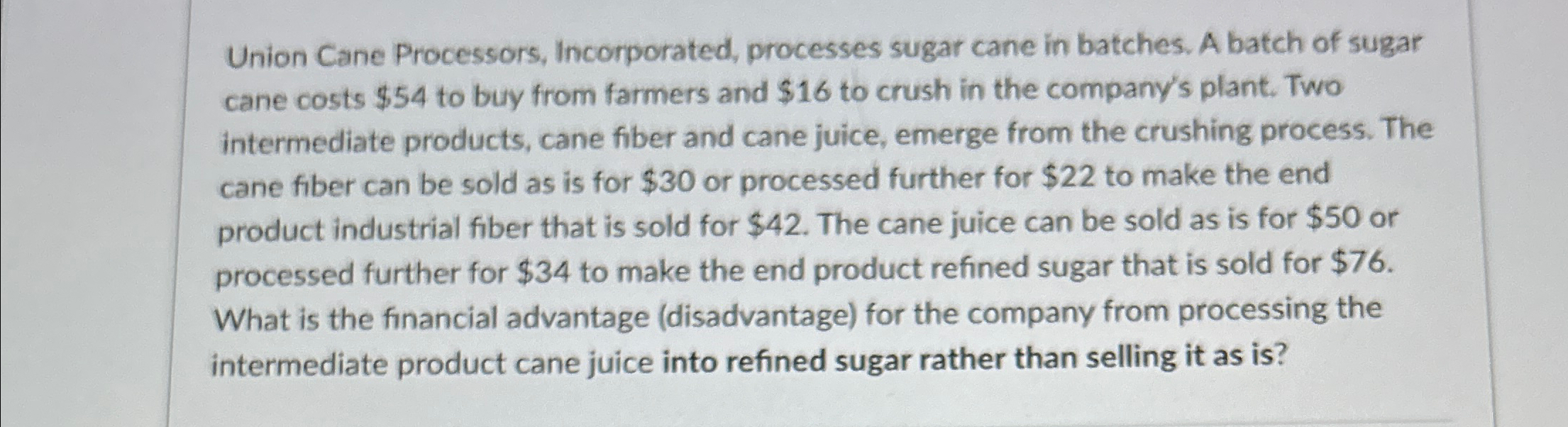Solved Union Cane Processors, Incorporated, processes sugar | Chegg.com