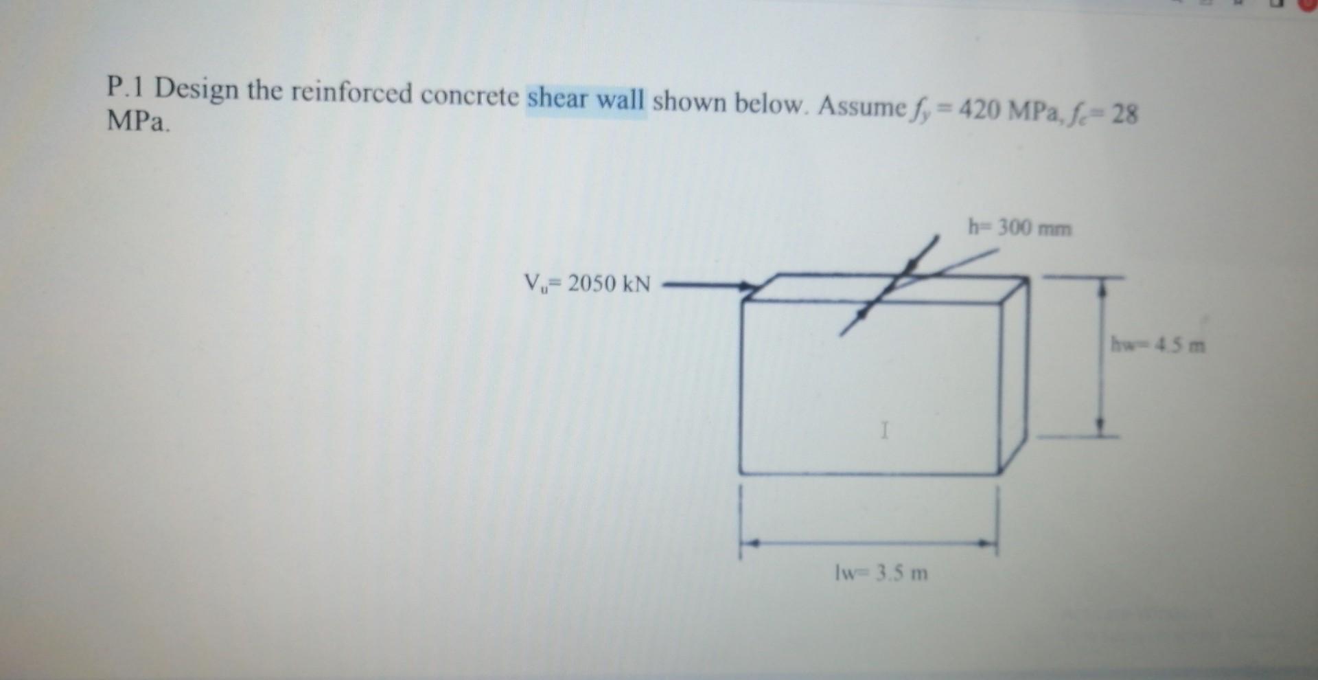 Solved P.1 Design the reinforced concrete shear wall shown | Chegg.com