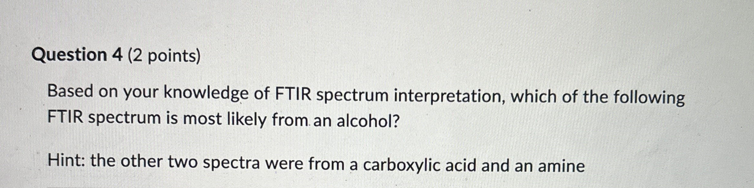 Solved Question 4 (2 ﻿points)Based on your knowledge of FTIR | Chegg.com