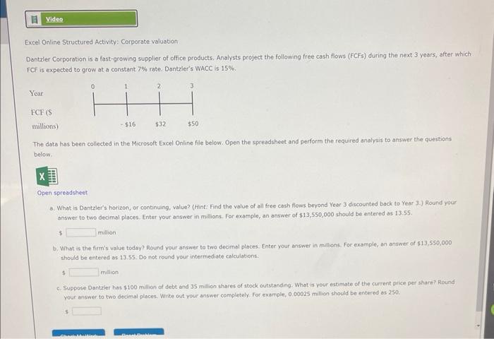 Solved Excel Online Structured Activity: Corporate:valuation | Chegg.com