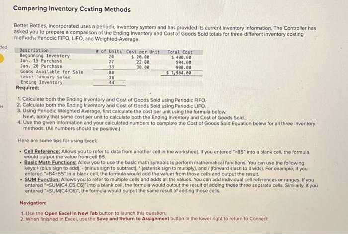 Solved Comparing Inventory Costing Methods Better Bottles, | Chegg.com