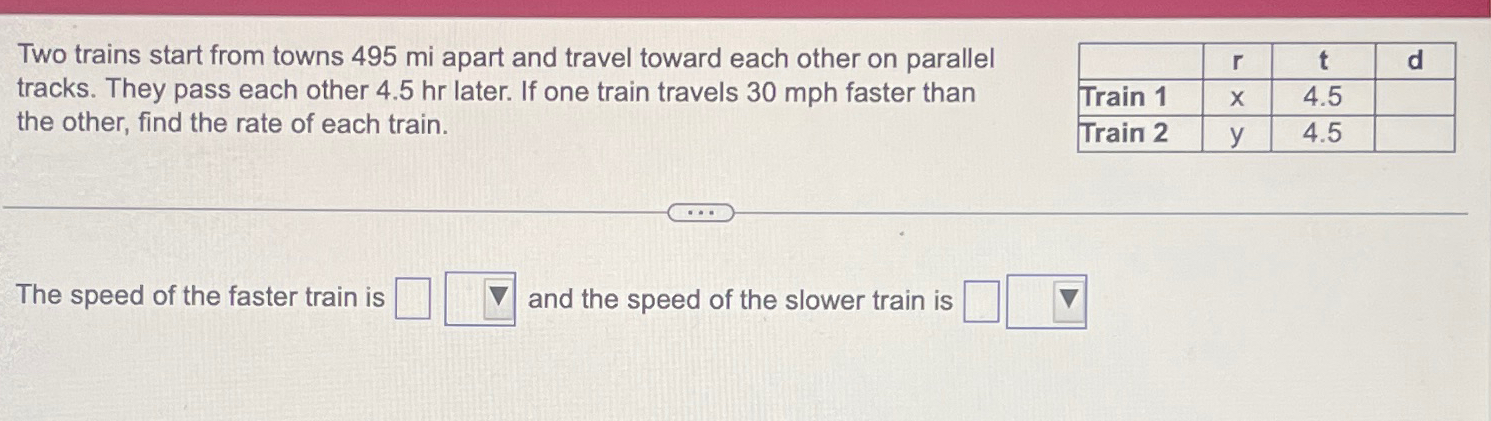 Solved Two trains start from towns 495mi ﻿apart and travel | Chegg.com
