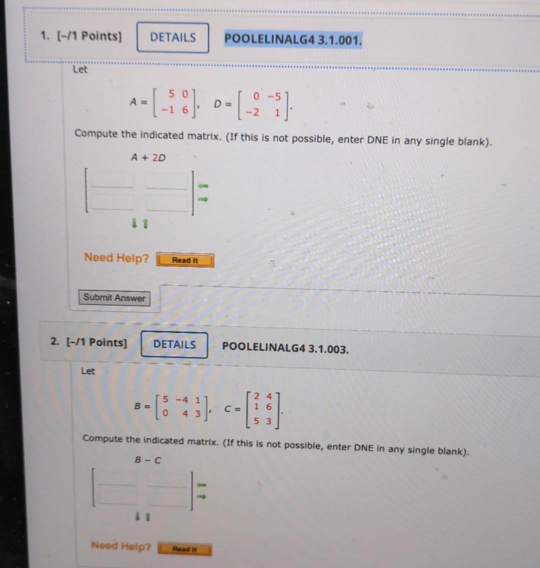 Solved A=[5−106],D=[0−2−51] Compute the indicated matrix. | Chegg.com