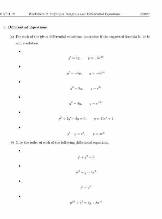 Solved MATH 12 Worksheet 9: Improper Integrals and | Chegg.com