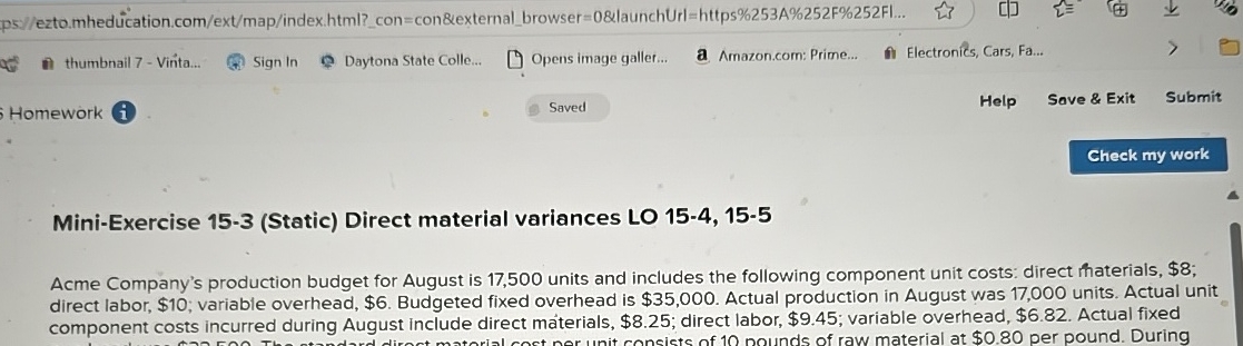 Solved Mini-Exercise 15-3 (Static) ﻿Direct material | Chegg.com