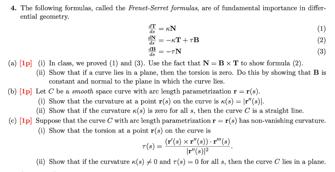 Solved The following formulas, called the Frenet-Serret | Chegg.com