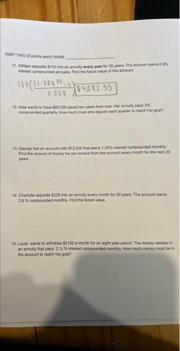 Solved PART TWO (5 points esch) NAME 11. Wiliam deposizs | Chegg.com