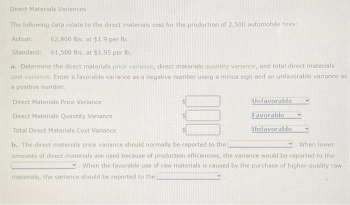 Solved Direct Materials Variances The following data relate | Chegg.com