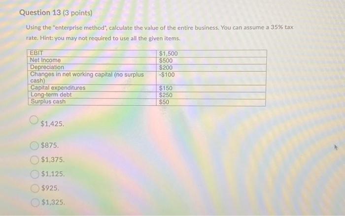 Solved Using the "enterprise method", calculate the value of | Chegg.com