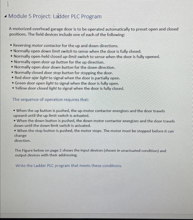 Solved Module 5 Project: Ladder PLC Program A motorized | Chegg.com