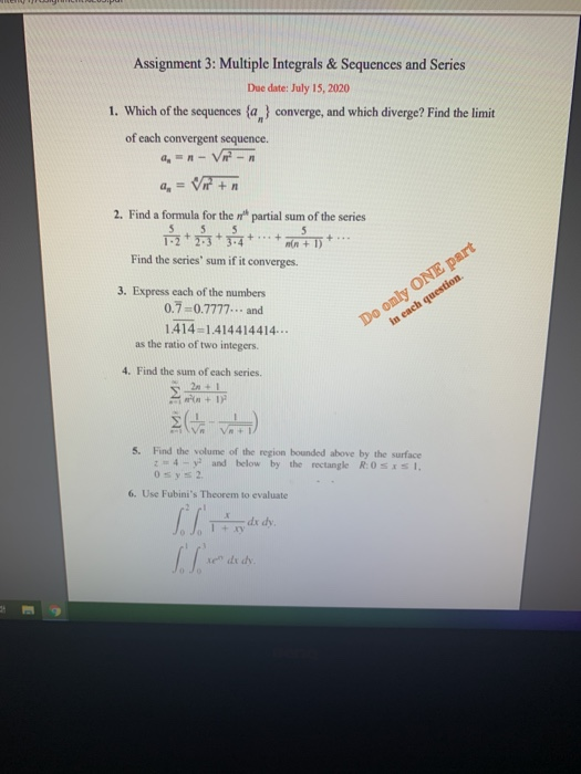 Solved Assignment 3: Multiple Integrals & Sequences and | Chegg.com