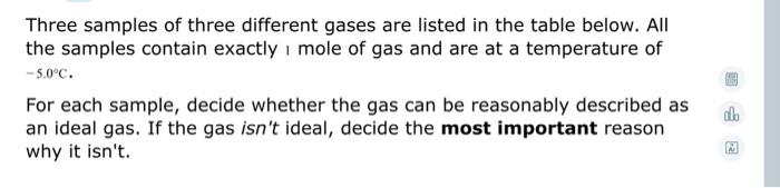 Solved Three samples of three different gases are listed in | Chegg.com