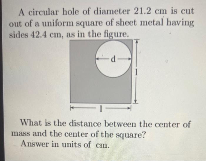 A circular hole of diameter 21.2 cm is cut out of a | Chegg.com
