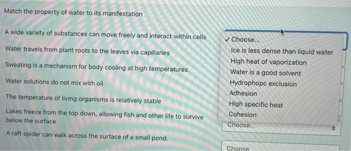 Solved Match the property of water to its manifestation A | Chegg.com