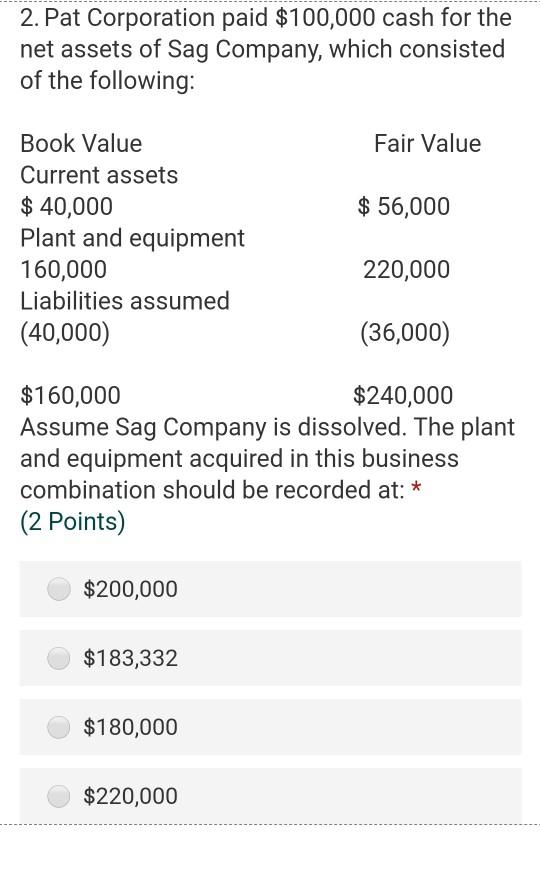 Solved 2. Pat Corporation paid $100,000 cash for the net | Chegg.com